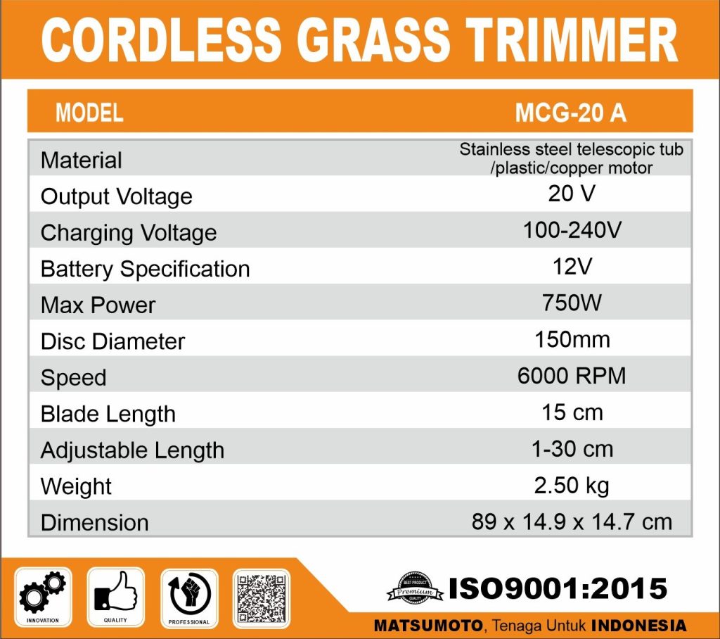 MCG-20 A | CORDLESS GRASS TRIMMER | MESIN POTONG RUMPUT ELEKTRIK | MATSUMOTO – KARYA DELITAMA
